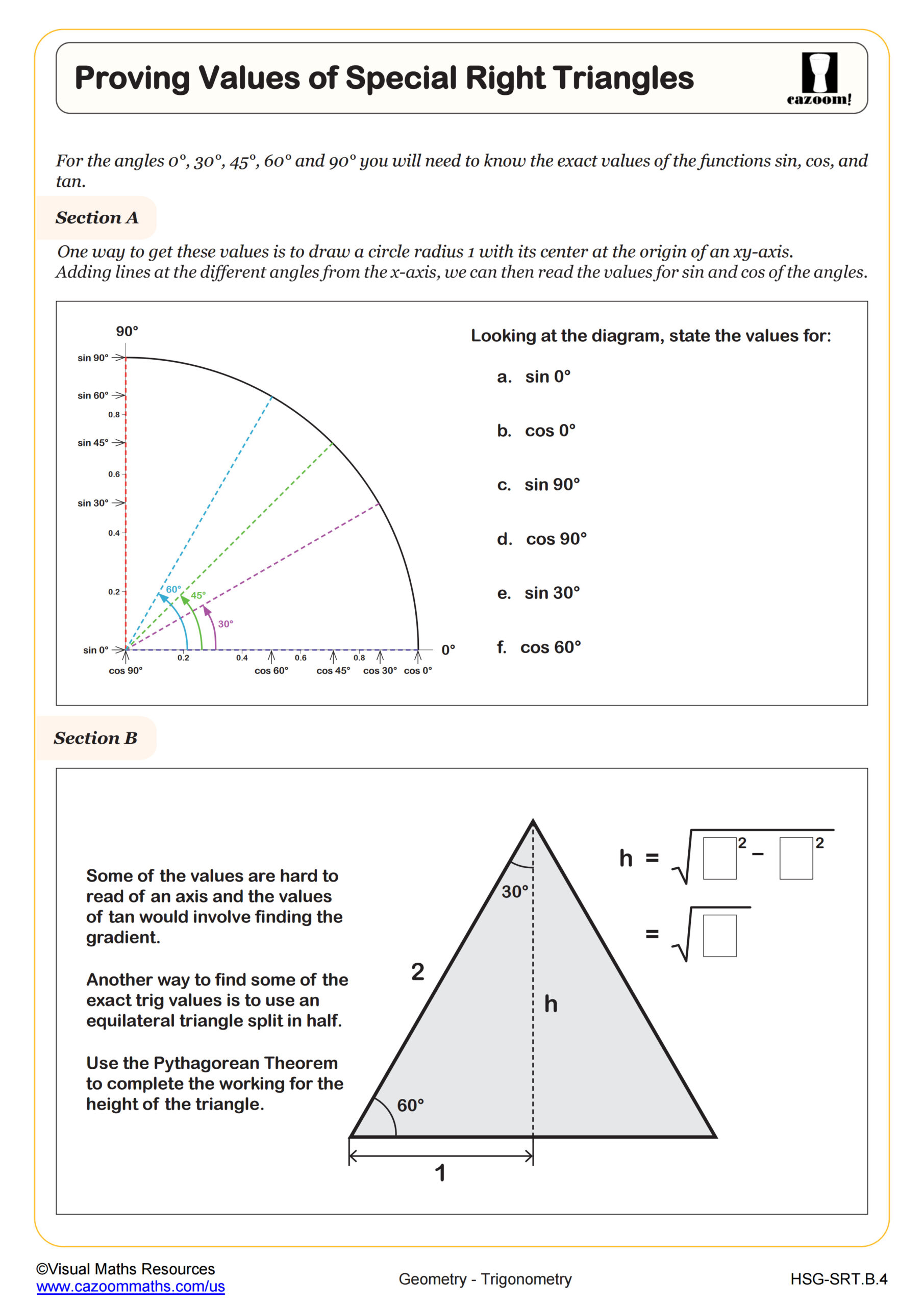 Proving Values Of Special Right Triangles Worksheet Algebra II