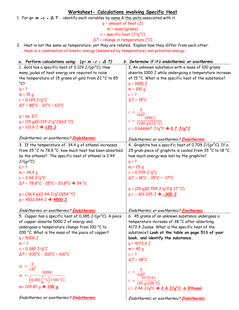 Worksheet Calculations Involving Specific Heat Worksheets Library