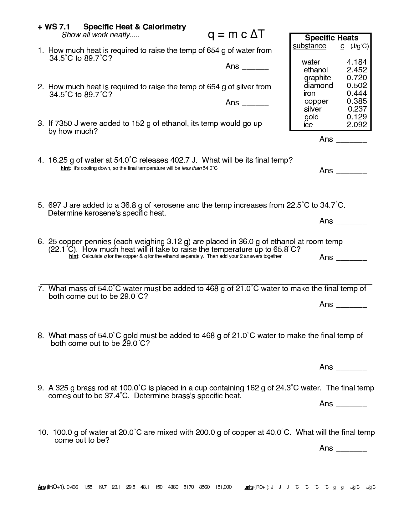 Worksheet Calculations Involving Specific Heat Worksheets Library