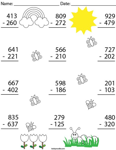 3 Digit Spring Subtraction Math Worksheet - Twisty Noodle - Worksheets Library