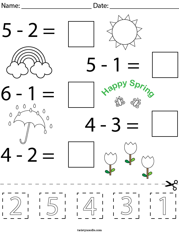Spring Cut and Paste Subtraction Math Worksheet - Twisty Noodle - Worksheets Library