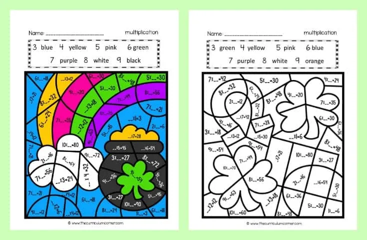 St. Patricks Day Color Key Multiplication - The Curriculum Corner 123 ...