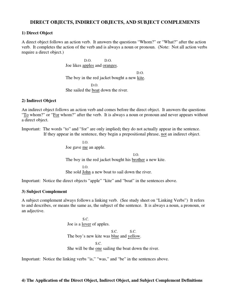 Objects Direct Indirect And Subject Complements 1 Pdf Object Worksheets Library