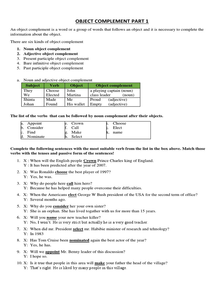 Object Complement Pdf Verb Object Grammar Worksheets Library