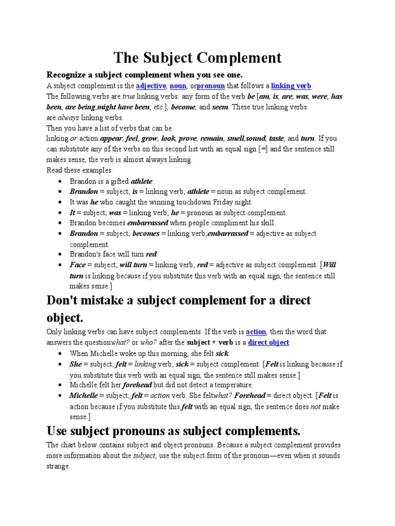 The Subject Complement Pdf Verb Subject Grammar Worksheets Library