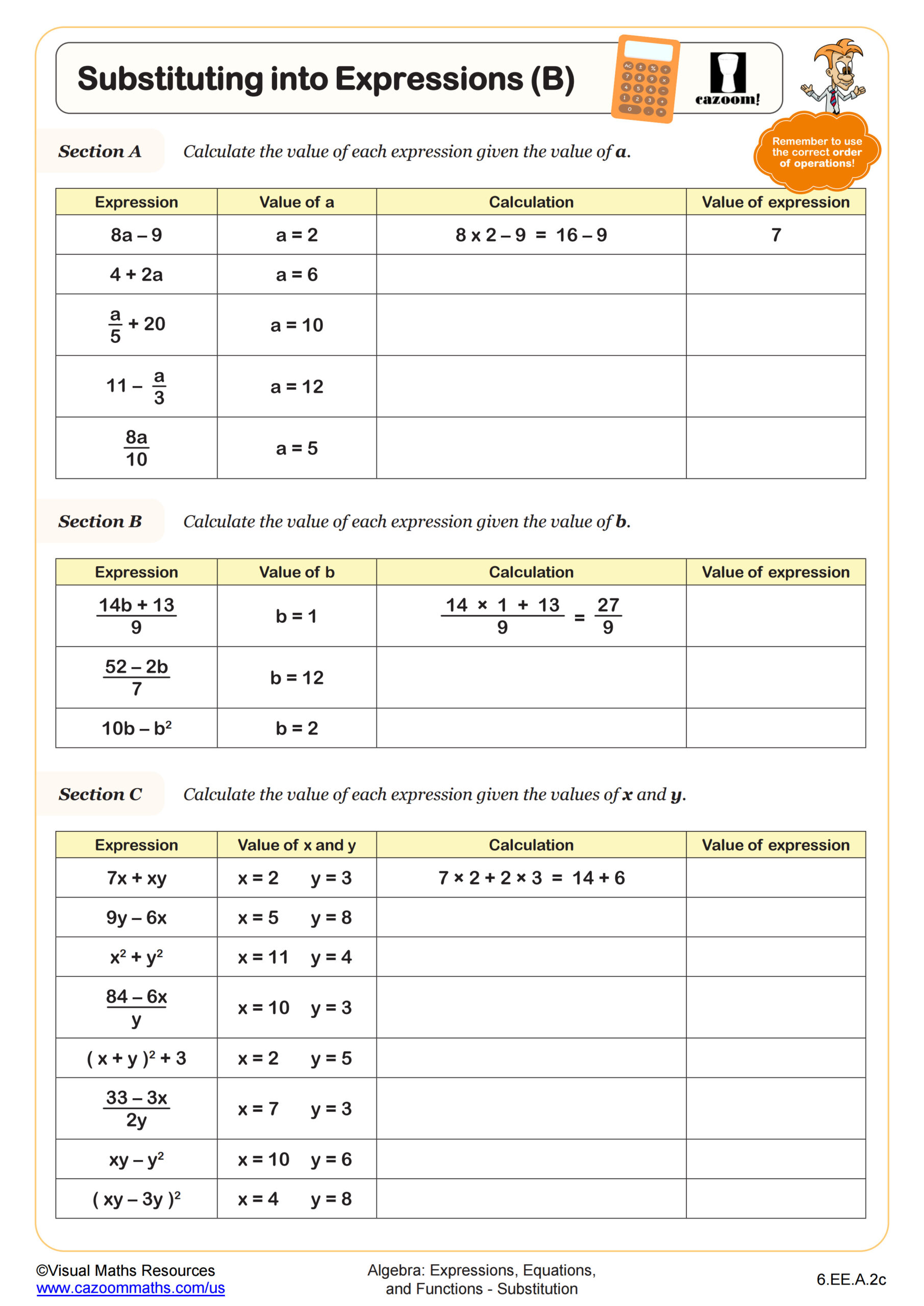Substituting Into Expressions B Worksheet 6th Grade PDF Worksheets Substituting Into Expressions B Worksheet 6th Grade PDF Worksheets