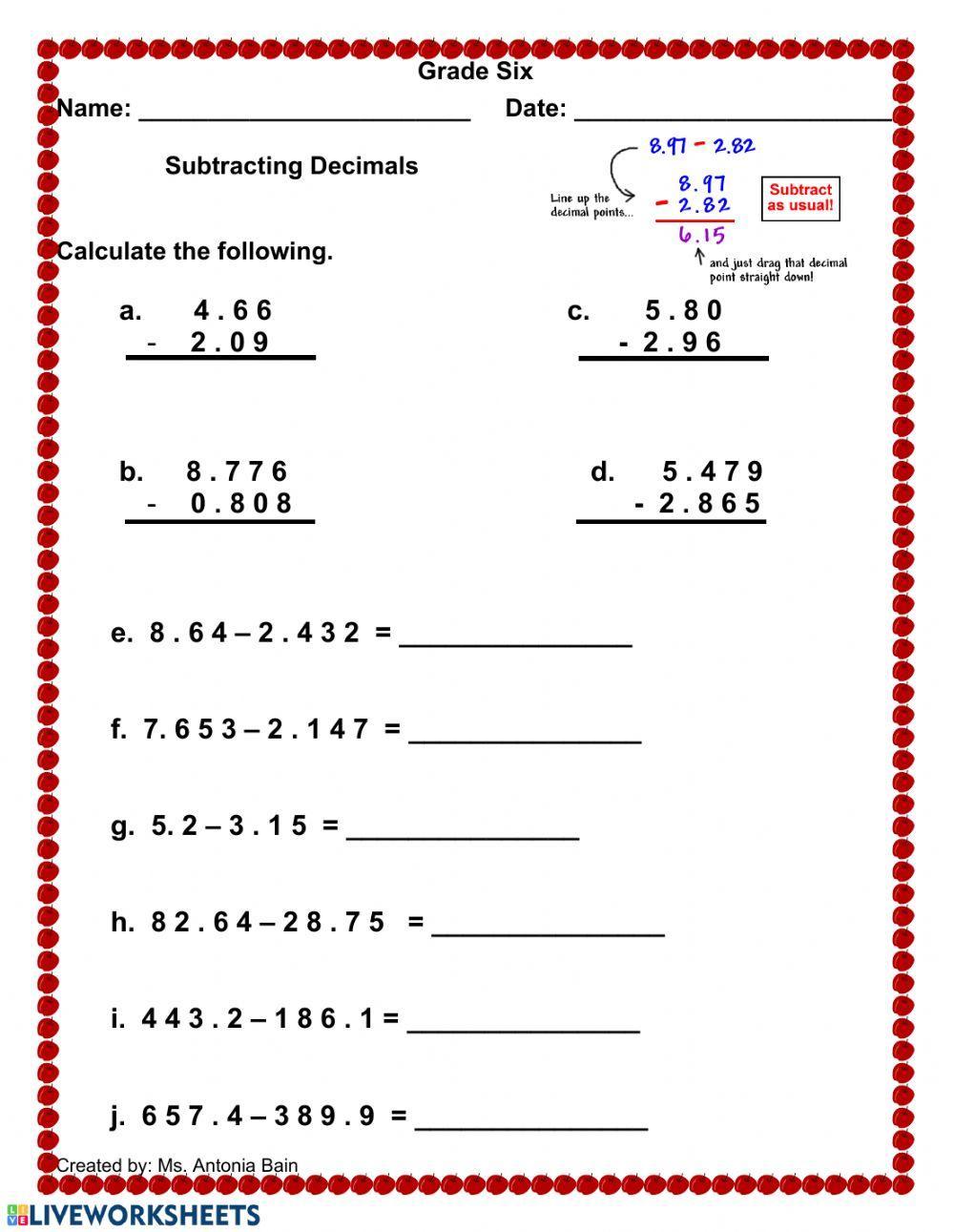 Subtracting Decimals Worksheet - Worksheets Library