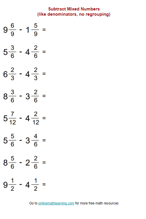 Subtract Mixed Numbers With Like Denominators Worksheet Examples