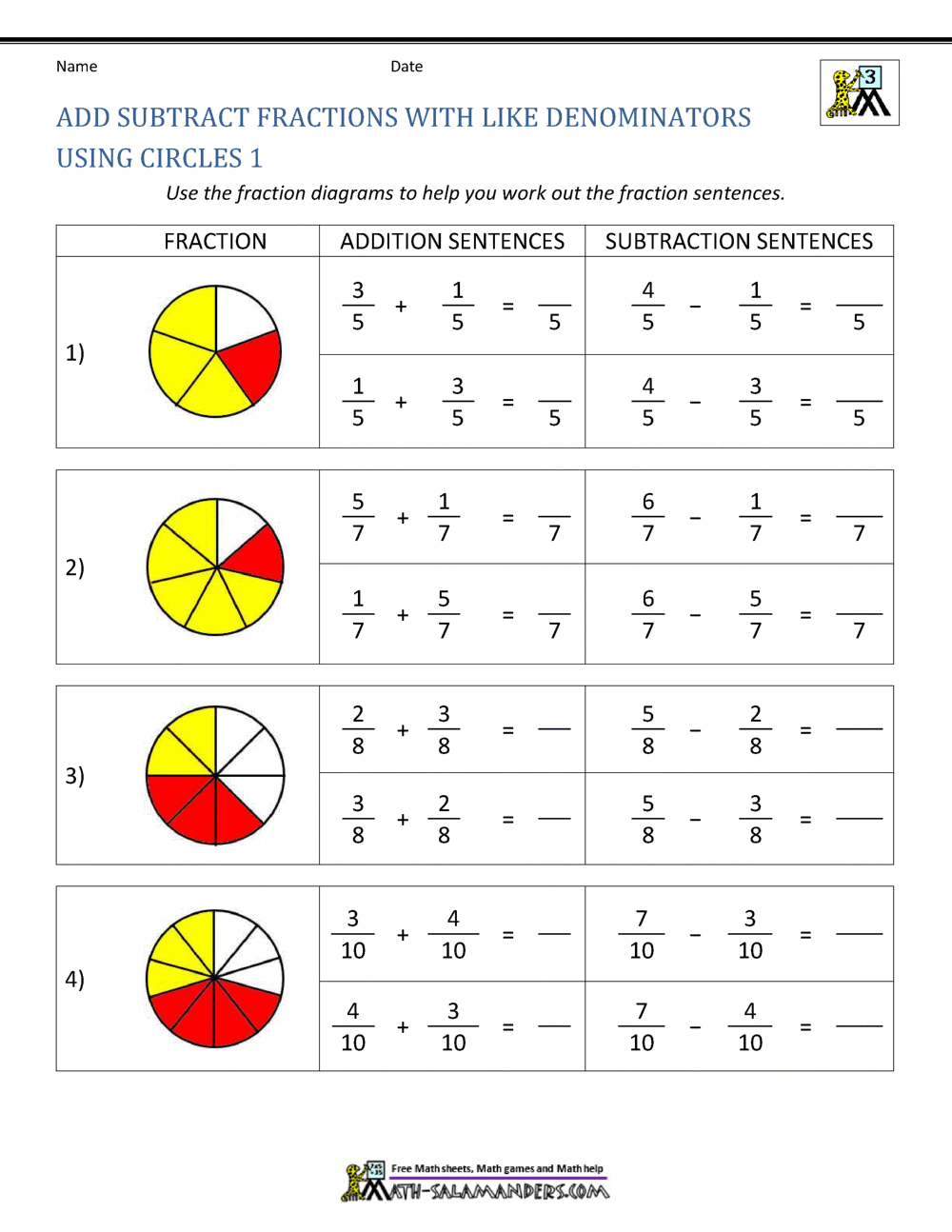 Subtracting Fractions With Like Denominators Worksheets Worksheets