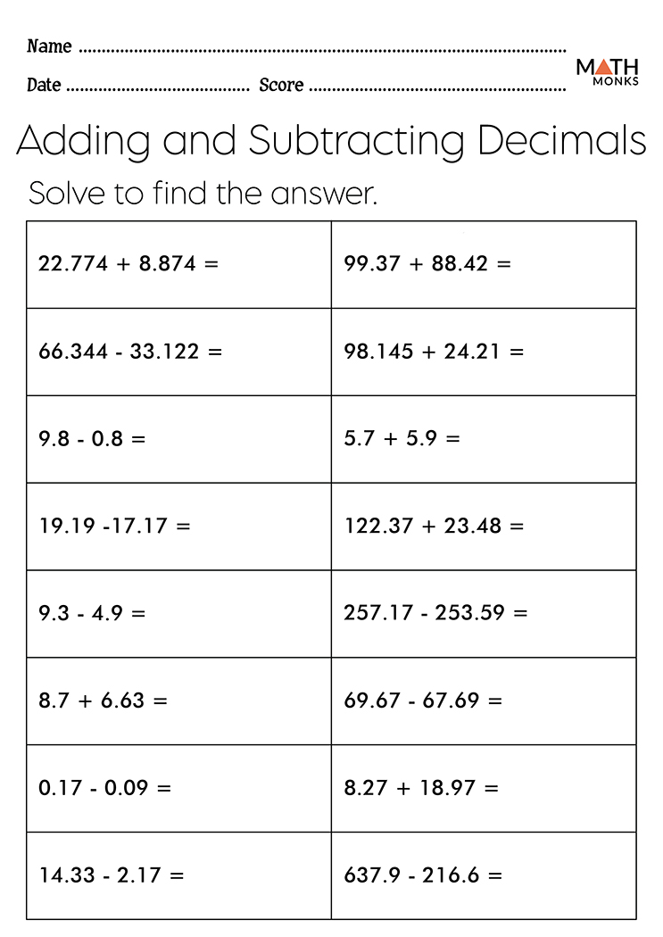 Adding And Subtracting Decimals Worksheet Worksheets Library