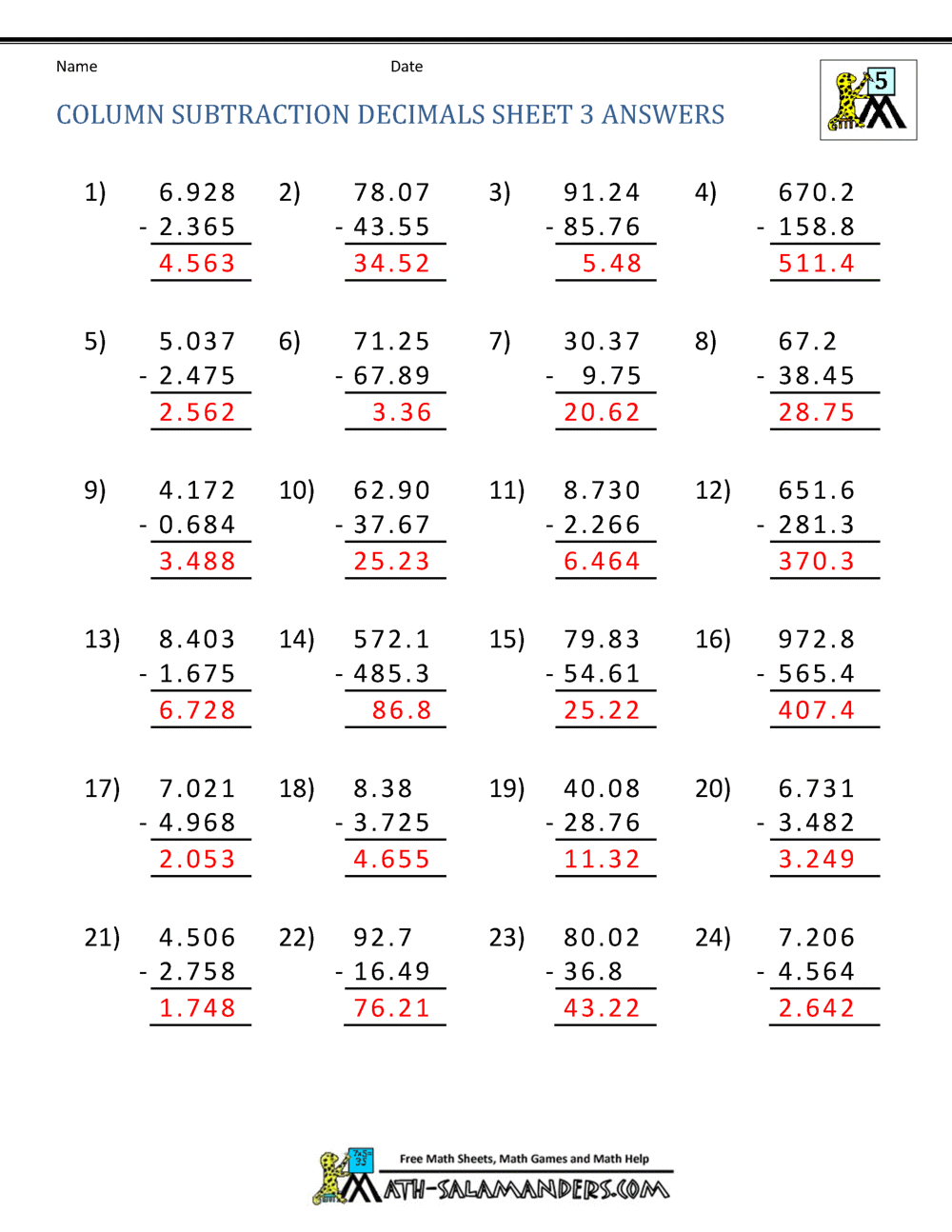 Decimal Subtraction Worksheets - Worksheets Library