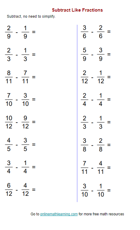 Subtract Like Fractions Worksheet Examples Answers Videos