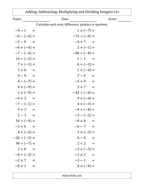 Adding Subtracting Multiplying And Dividing Mixed Integers From Worksheets Library