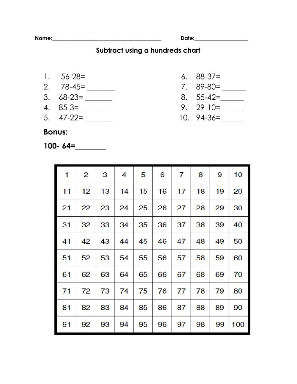 Subtracting with hundreds chart worksheet | Live Worksheets ...