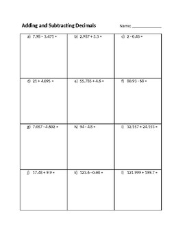 Decimals adding and subtracting worksheets | TPT - Worksheets Library