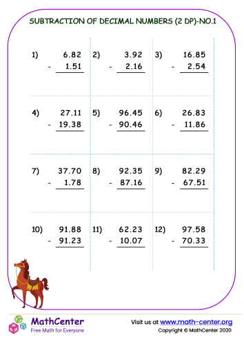 Subtraction Of Decimal Numbers 2 Dp No1 Worksheets Math