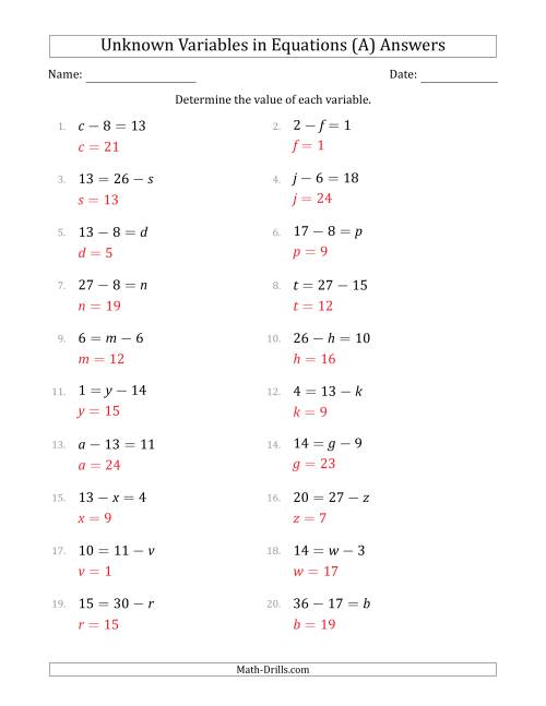 Unknown Variables In Equations Subtraction Range 1 To 20 Any