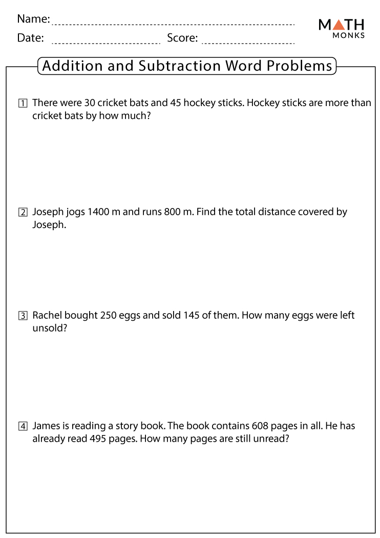 Addition and Subtraction Word Problems Worksheets with Answer Key ...