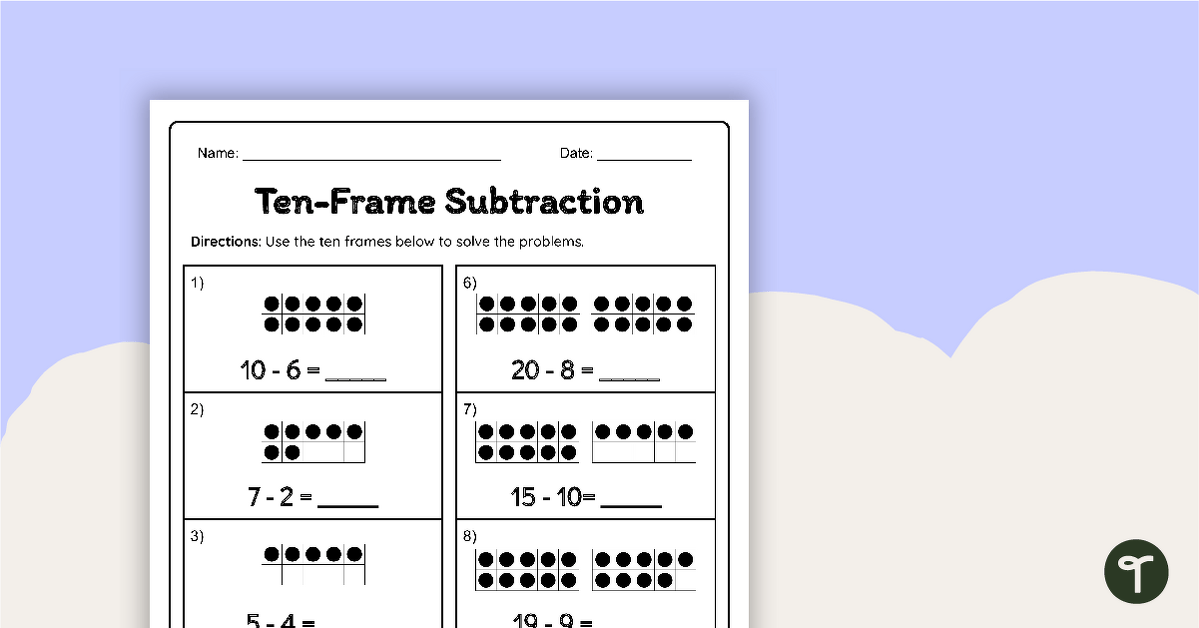 Subtraction Worksheets - 10/20 Frame Subtraction | Teach Starter ...