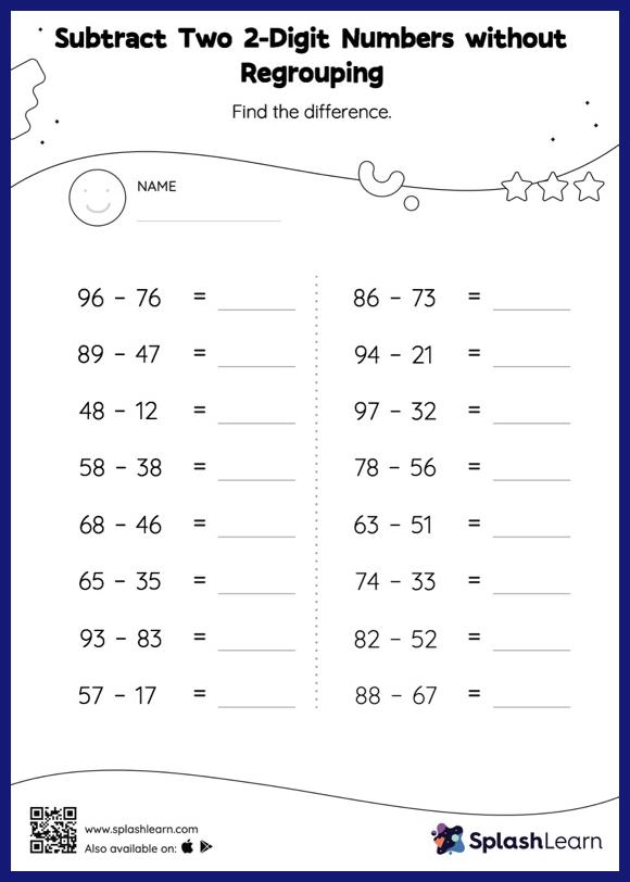 Subtract Two 2 Digit Numbers Without Regrouping Horizontal Worksheets Library