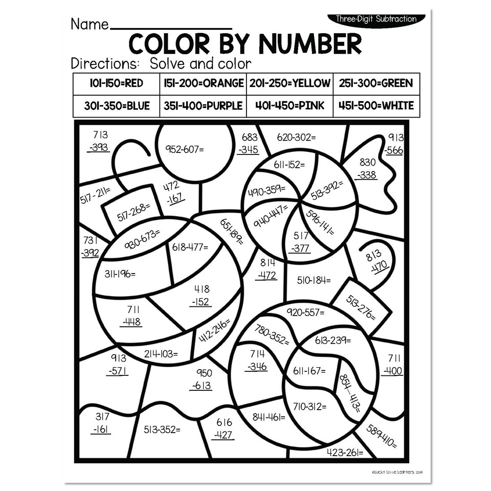 3-Digit Subtraction Winter Color by Number - Ornaments - Lucky ...