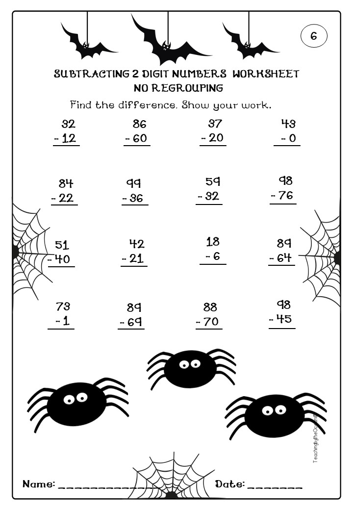 Subtracting 2 Digit Numbers Worksheets – Halloween Themed - Worksheets ...
