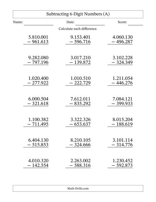 Subtracting 6 Digit Numbers With All Regrouping 21 Questions