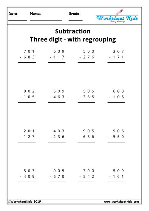 3 digit subtraction with regrouping worksheets for 2nd and 3rd ...
