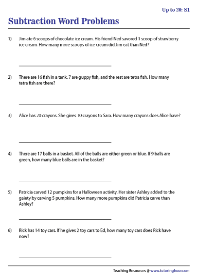 Subtraction Within 20 Word Problems Worksheets - Worksheets Library