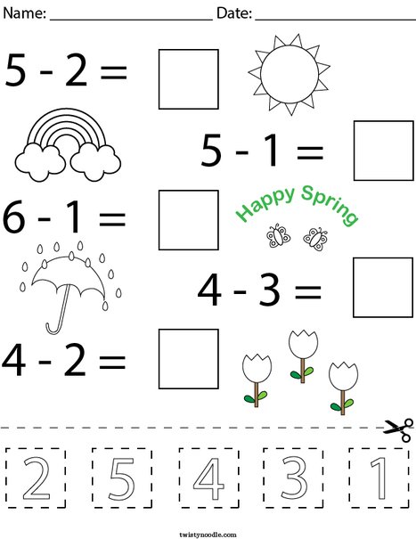 Spring Cut And Paste Subtraction Math Worksheet Twisty Noodle
