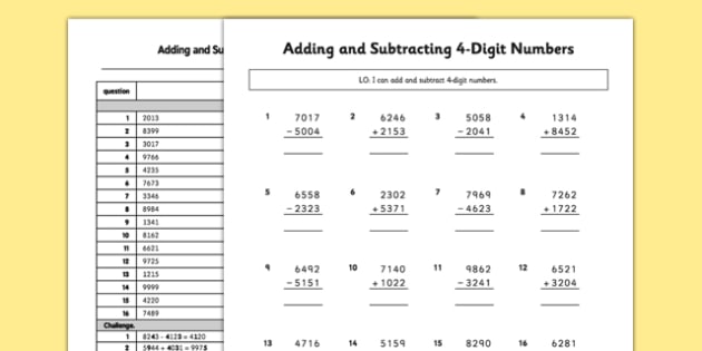Adding and Subtracting 4-Digit Numbers without Exchanging or Carrying ...