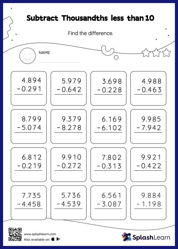Subtract Thousandths less than 10: Vertical Subtraction - Math ...