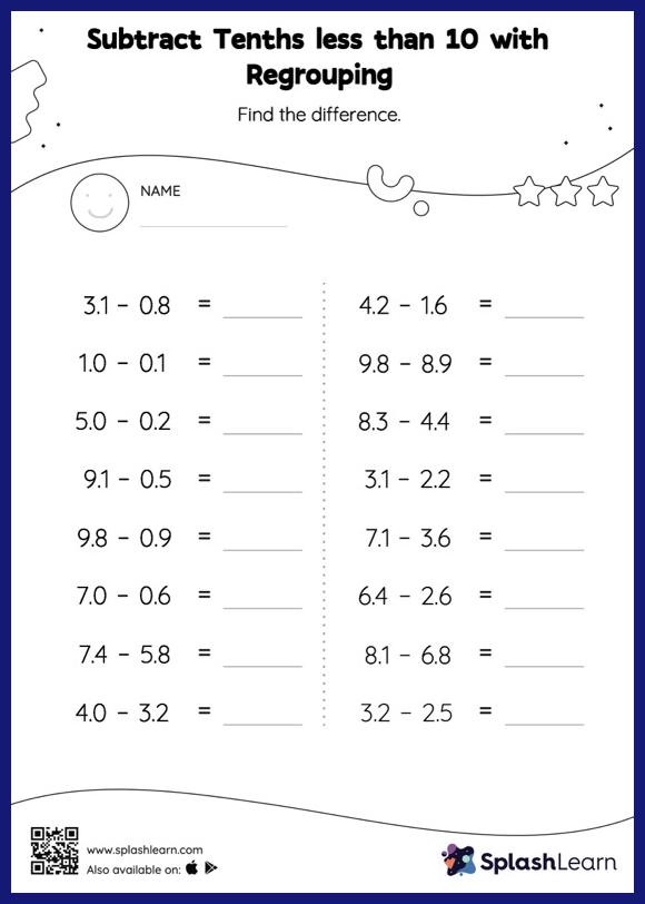 Subtract Tenths Less Than 10 With Regrouping Horizontal