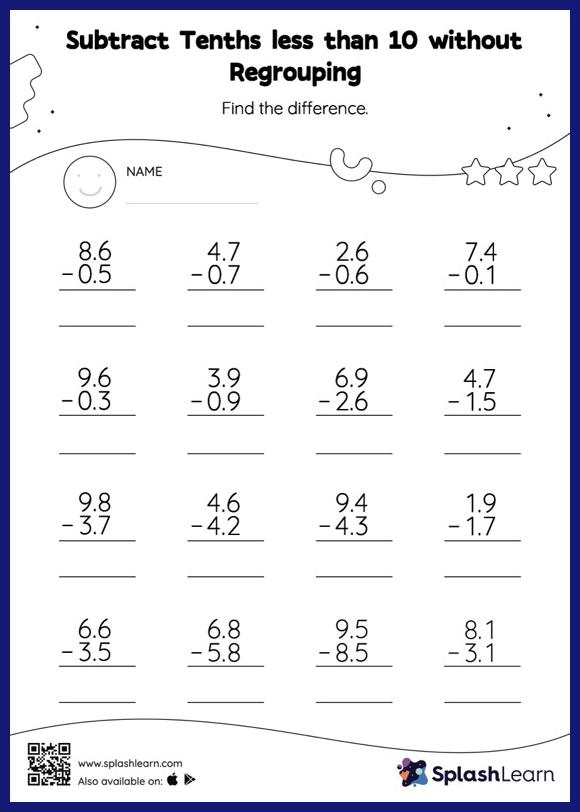 Subtract Tenths Less Than 10 Without Regrouping Vertical