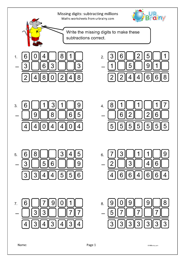 Missing Digits Subtraction Subtraction Maths Worksheets For