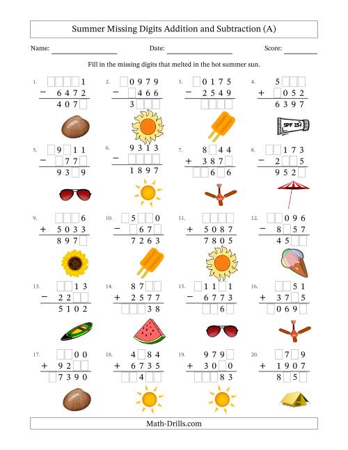 Summer Missing Digits Addition And Subtraction Harder Version A Worksheets Library