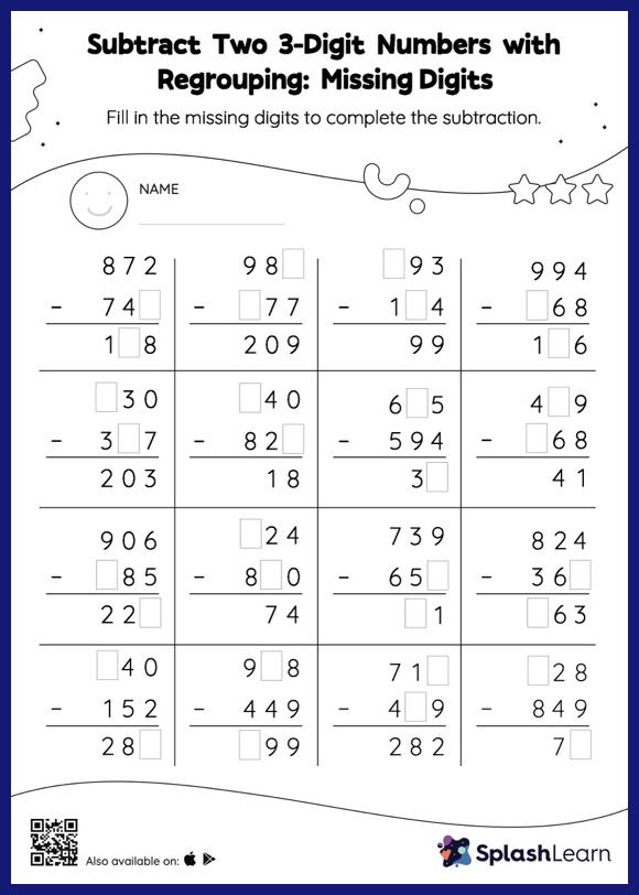Subtract Two 3 Digit Numbers With Regrouping Missing Digits Worksheets Library