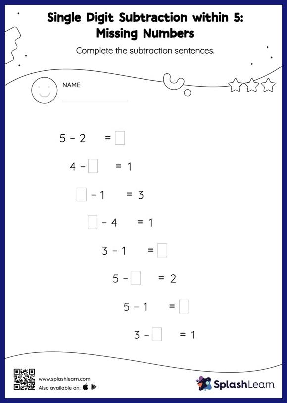 Single Digit Subtraction within 5: Missing Numbers - Math ...