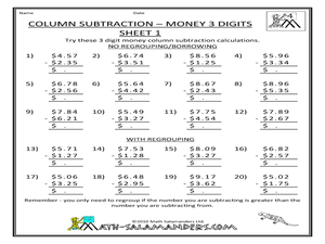 Column Subtraction - Money 3-digits Sheet 1 Worksheet for 3rd ...