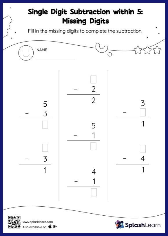 Single Digit Subtraction Within 5 Missing Digits Math