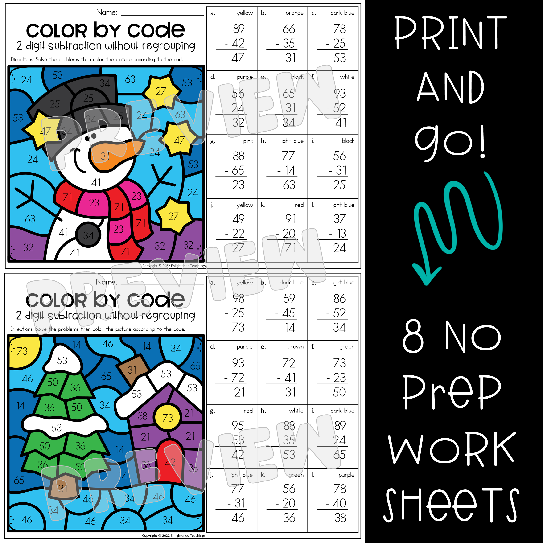 Winter 2 Digit Subtraction Without Regrouping Worksheet Color By Worksheets Library