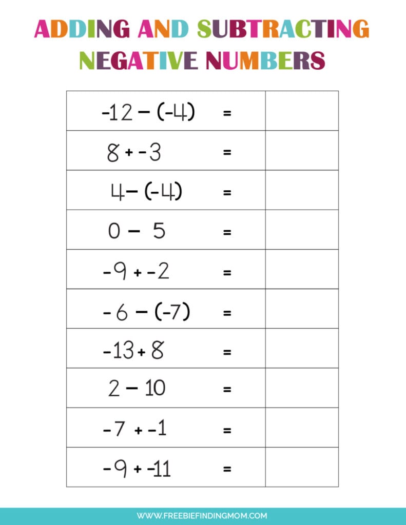 3 Free Printable Adding and Subtracting Negative Numbers ... - Worksheets Library