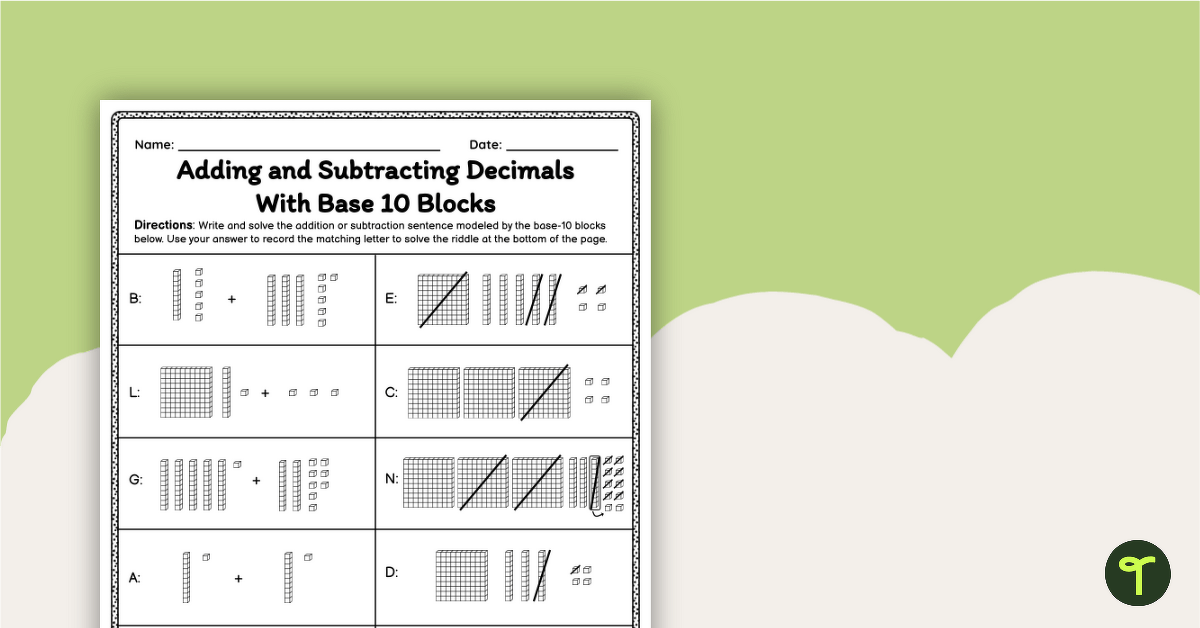 Adding And Subtracting Decimals With Base 10 Blocks Worksheet