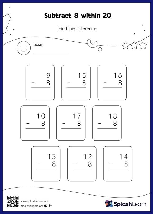 Subtract 8 within 20: Vertical Subtraction - Math Worksheets ...
