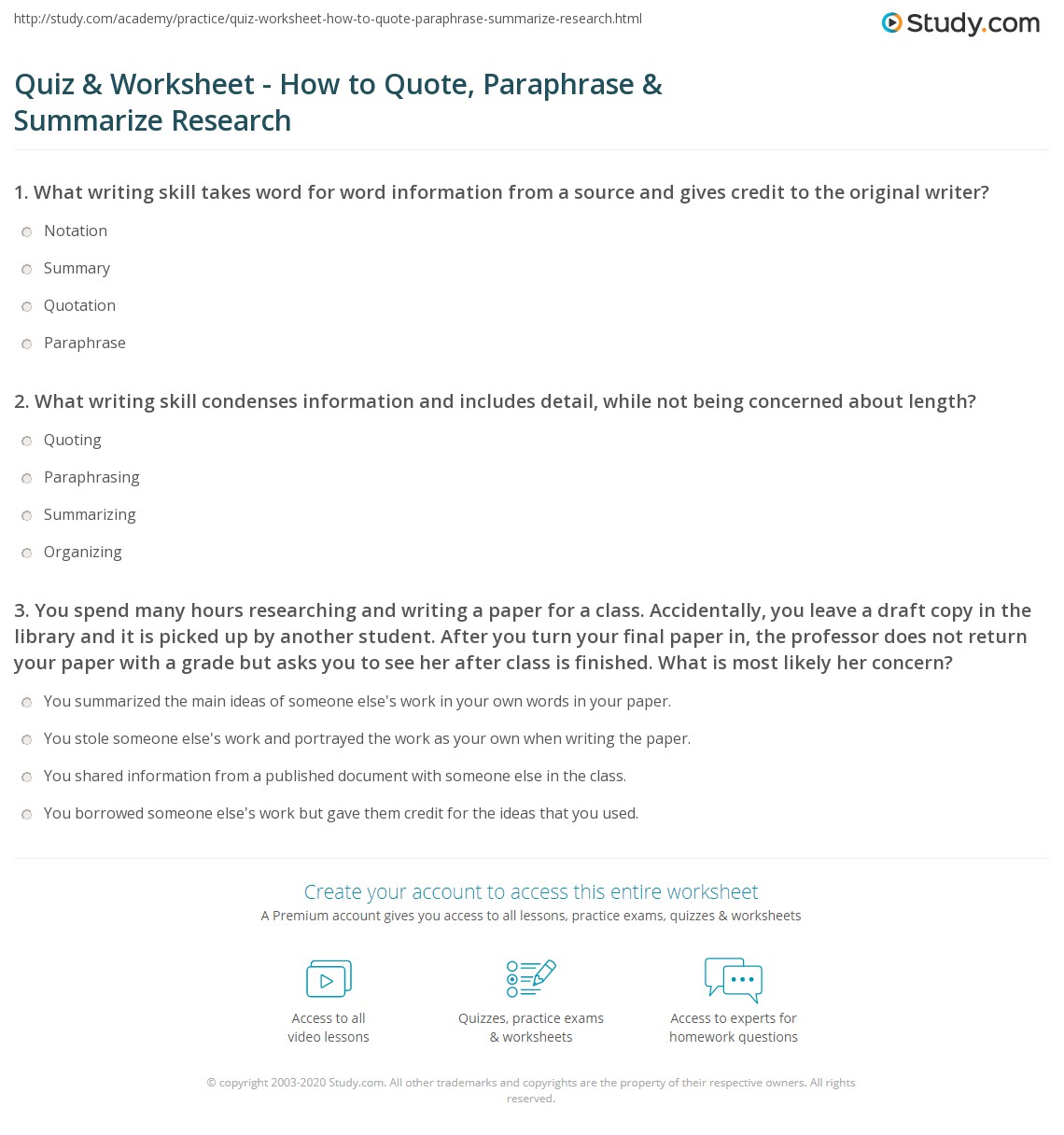 Quiz And Worksheet How To Quote Paraphrase And Summarize Research Worksheets Library
