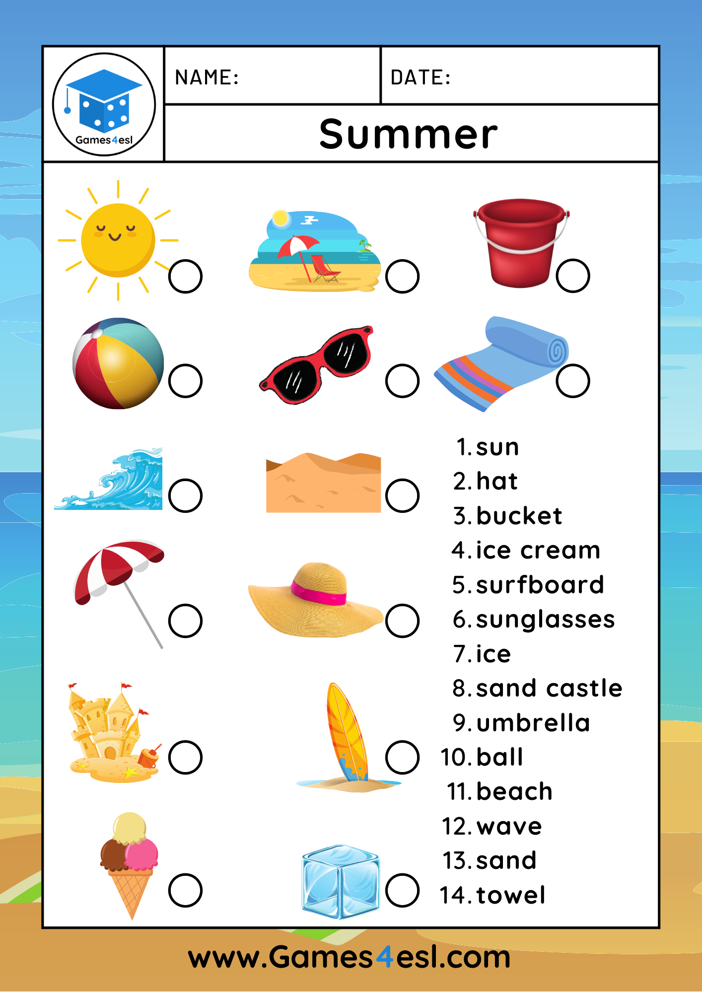 Free Summer Worksheets For Kids | Games4esl - Worksheets Library