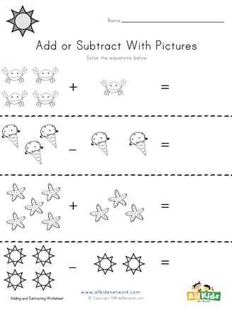 Summer Addition and Subtraction with Pictures Worksheet | All Kids ...