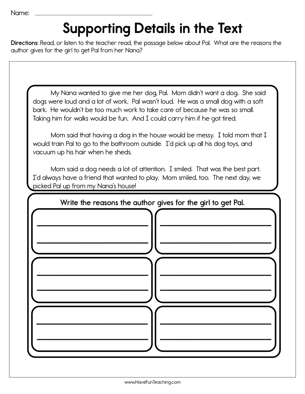 Supporting Details In The Text Worksheet Have Fun Teaching