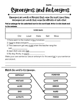 5th grade synonyms and antonyms | TPT - Worksheets Library