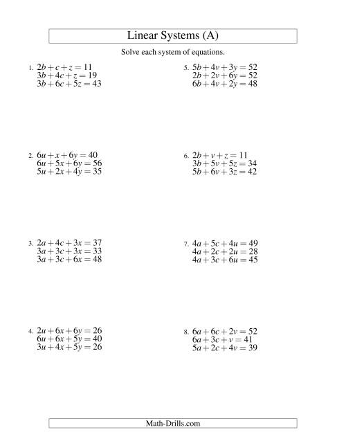Solving Systems Of Equations Worksheets With Three Variables